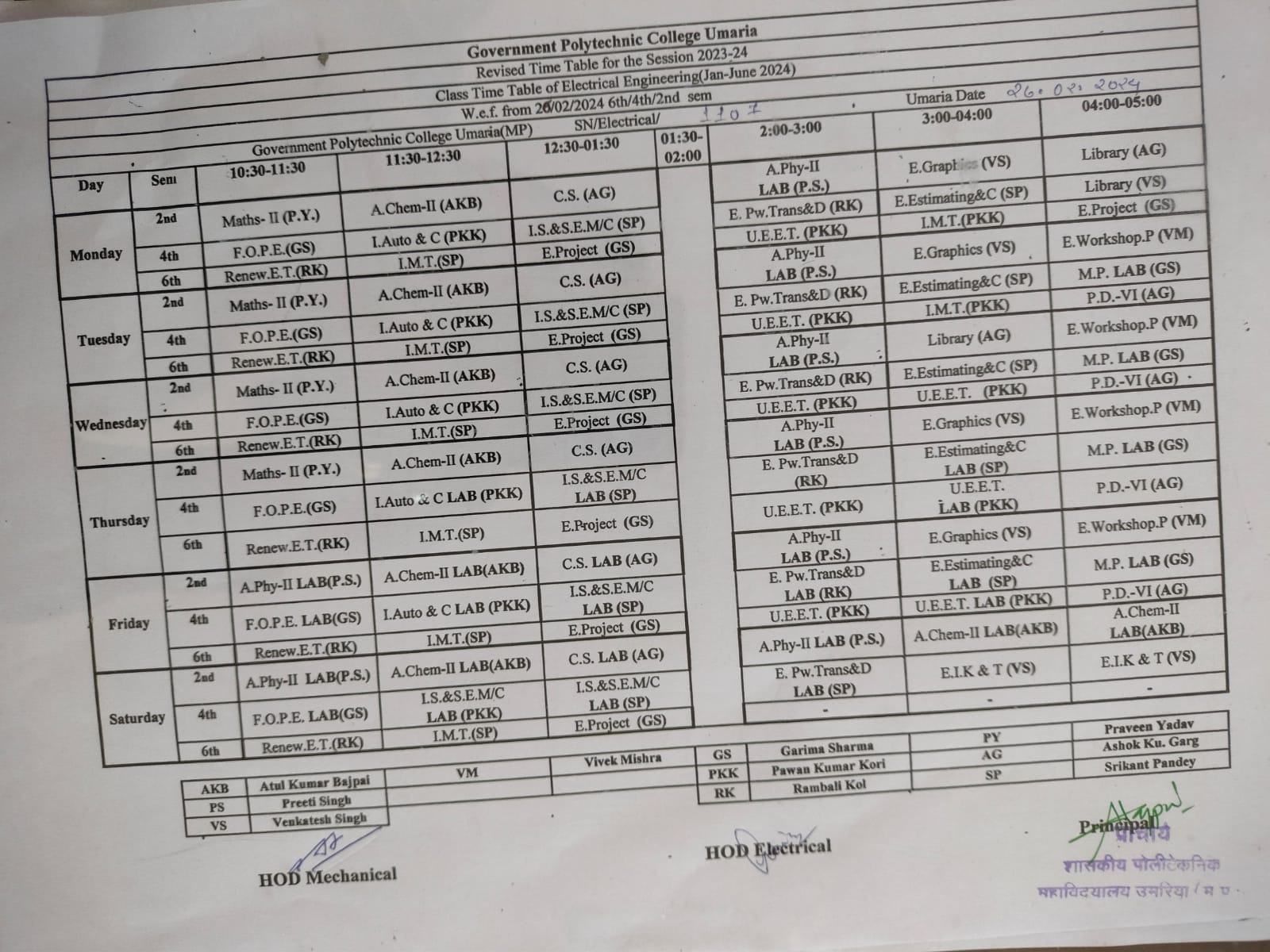 Time Table – Government Polytechnic College Umaria